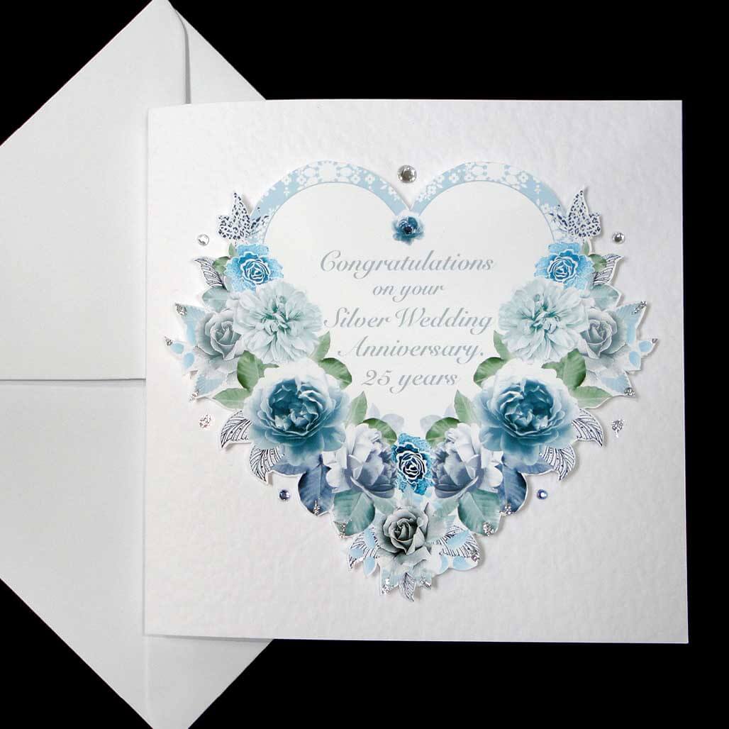 Antique Rose Heart Handmade Silver Wedding Anniversary Card Antique Rose Heart Handmade Silver Wedding Anniversary Card
